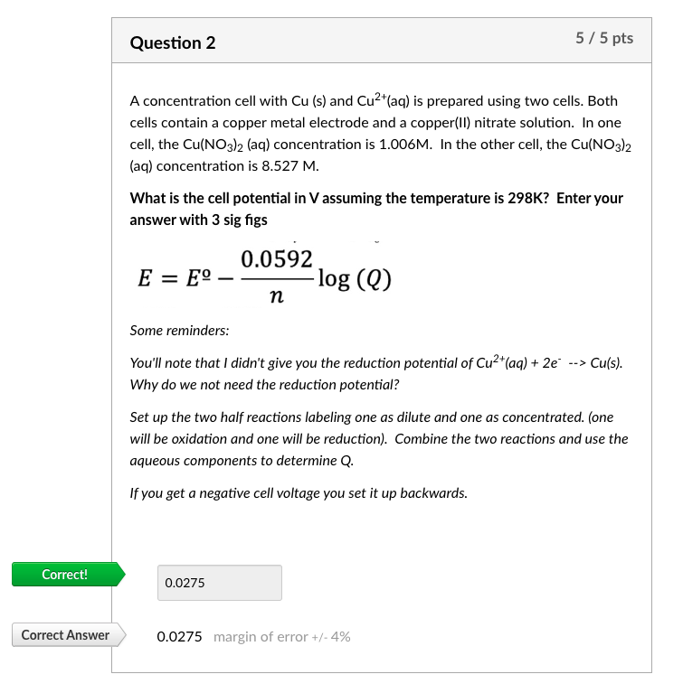 Solved Question 2A concentration cell with Cu(s) ﻿and | Chegg.com