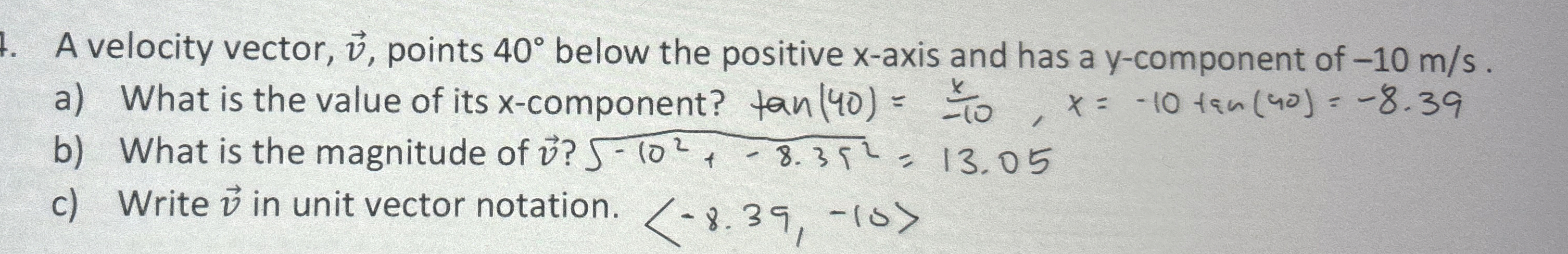 Solved A velocity vector, vec(v), ﻿points 40° ﻿below the | Chegg.com