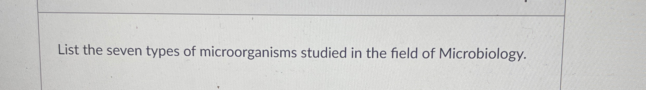 Solved List the seven types of microorganisms studied in the | Chegg.com