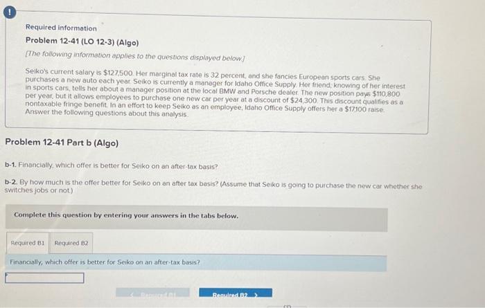 Solved Required information Problem 12-41 (LO 12-3) (Algo) | Chegg.com