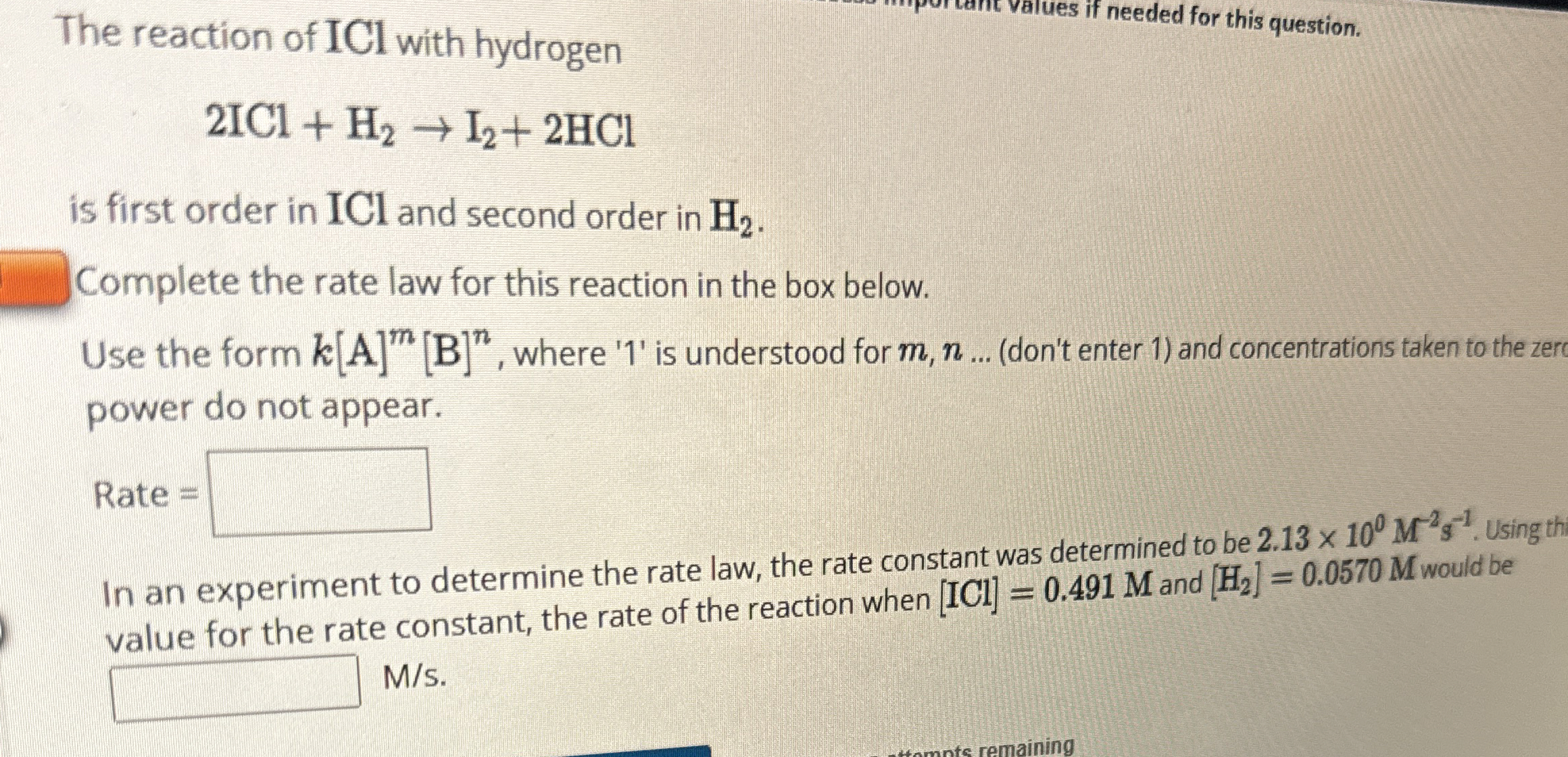 Solved The reaction of ICl with hydrogen2ICl+H2→I2+2HClis | Chegg.com