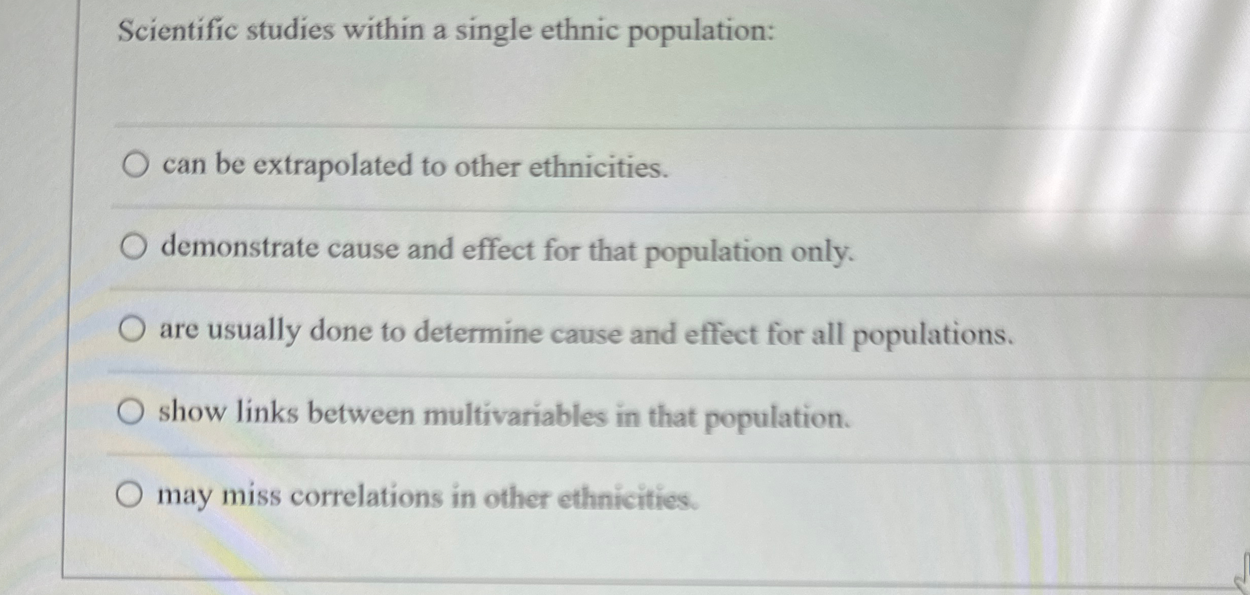 Solved Scientific studies within a single ethnic | Chegg.com