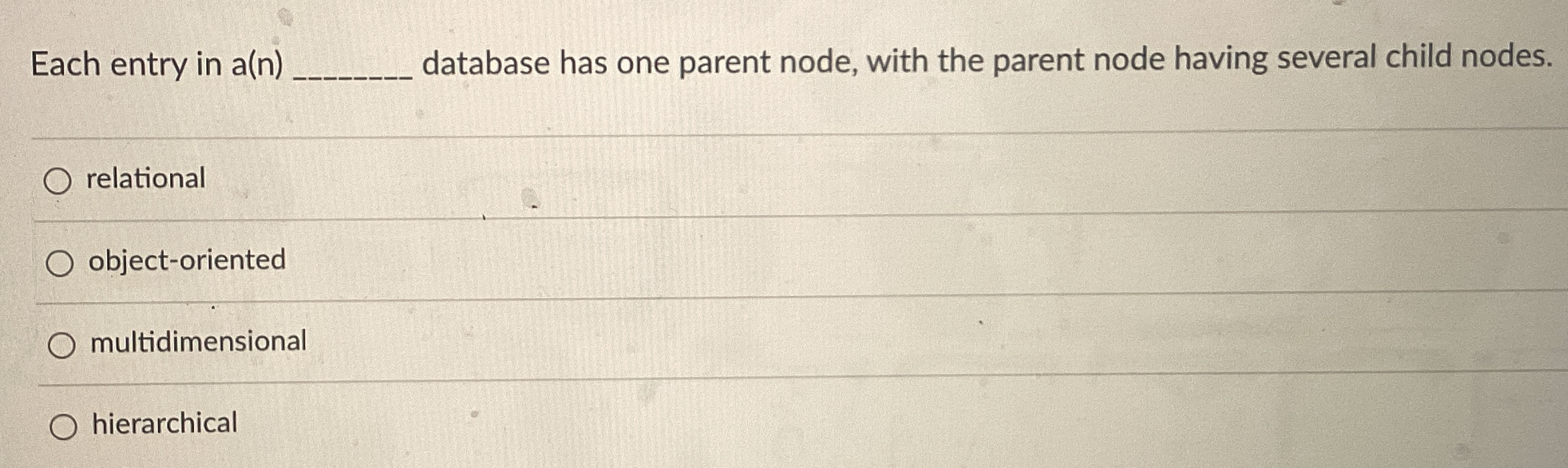 Solved Each entry in a(n) ﻿database has one parent node, | Chegg.com