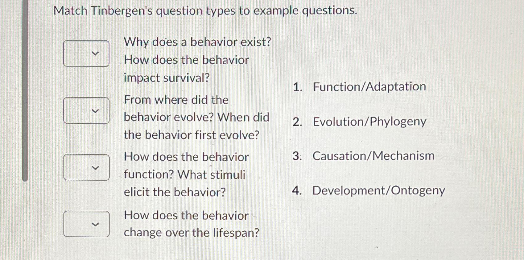 Solved Match Tinbergen's question types to example | Chegg.com