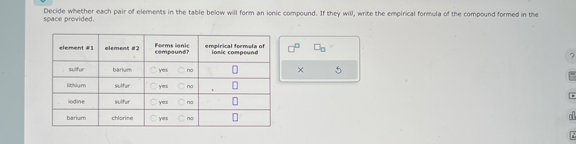 Solved Decide whether each pair of elements in the table | Chegg.com