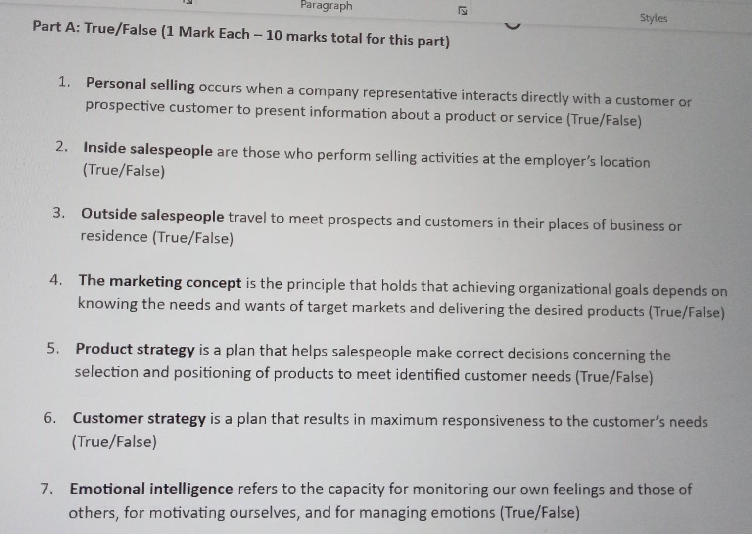 Solved Part A: True/False (1 Mark Each - 10 marks total for | Chegg.com