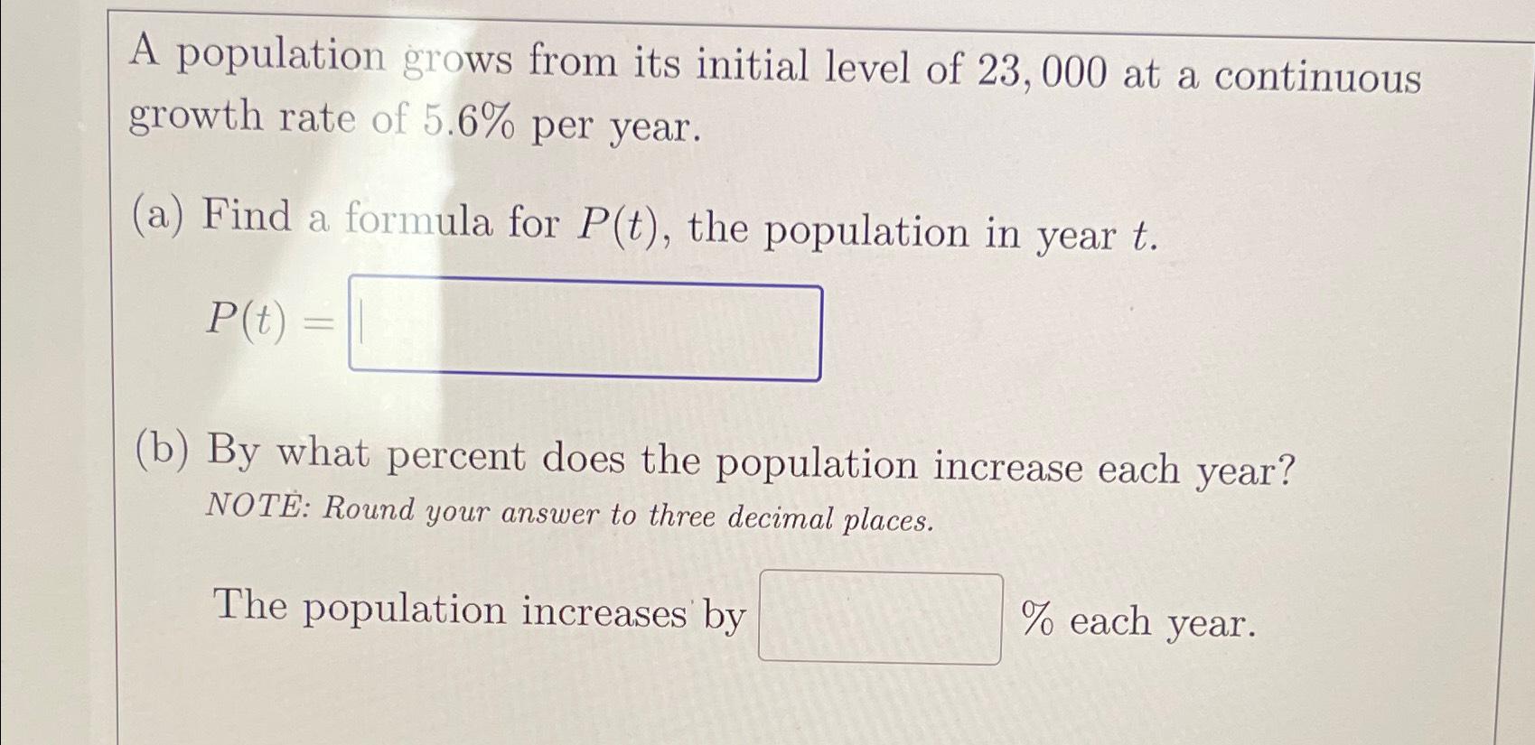 Solved A population grows from its initial level of 23,000 | Chegg.com