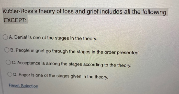 Solved Kubler-Ross's theory of loss and grief includes all | Chegg.com