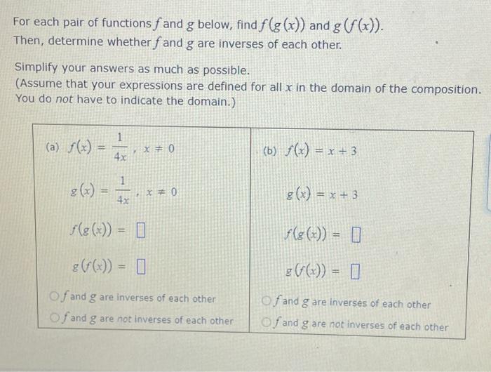 Solved For each pair of functions f and g below, find | Chegg.com