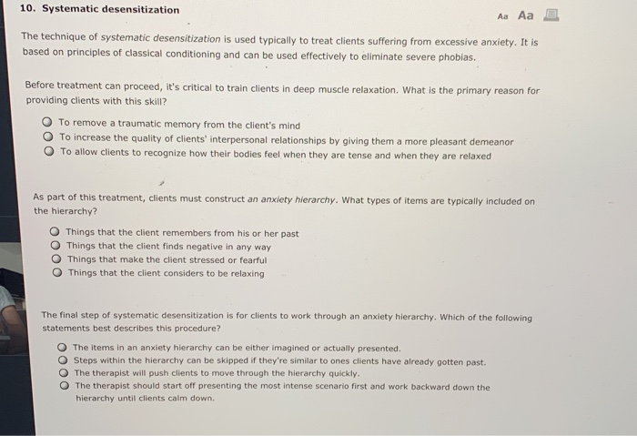 Solved 10. Systematic desensitization Aa Aa E The technique | Chegg.com