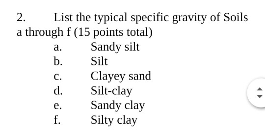 Solved 2. List the typical specific gravity of Soils a | Chegg.com