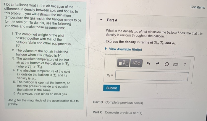 Solved Constants Part A What is the density P. of hot air | Chegg.com
