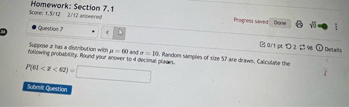 Solved Suppose x has a distribution with μ=60 and σ=10. | Chegg.com