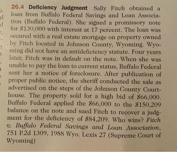 Solved d t 1 26.4 Deficiency Judgment Sally Fitch obtained a | Chegg.com