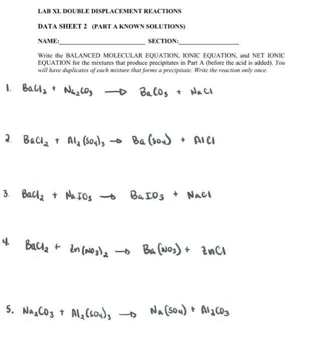 Solved LAB XI. DOUBLE DISPLACEMENT REACTIONS DATA SHEET 2 | Chegg.com