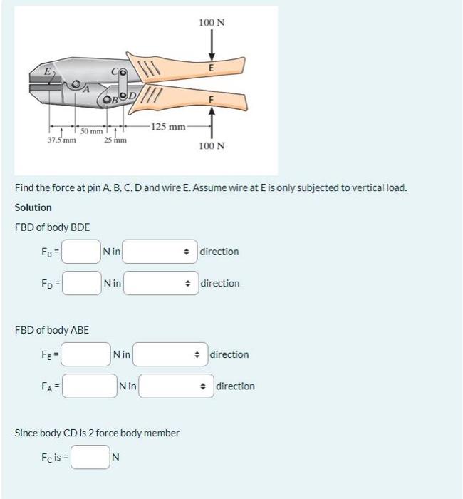 Solved Find the force at pin A, B, C, D and wire E. Assume | Chegg.com