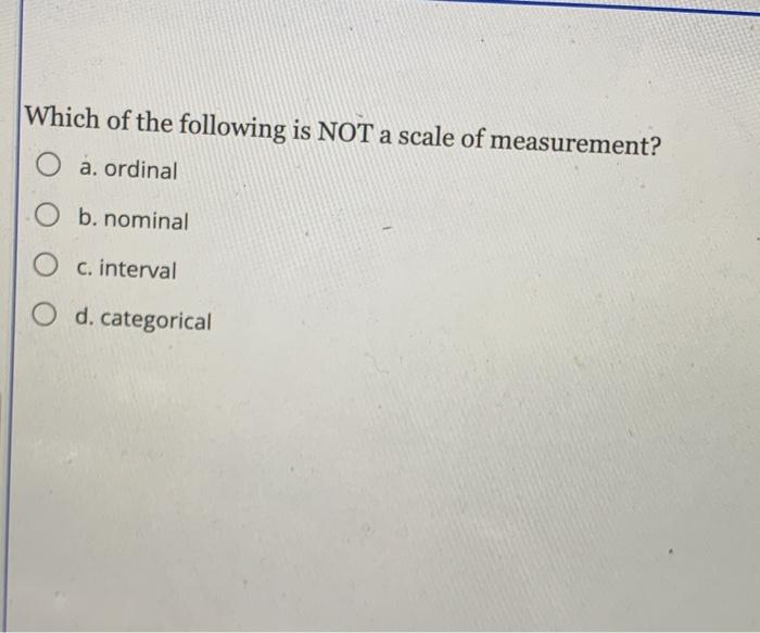 Solved Which of the following is NOT a scale of measurement? | Chegg.com