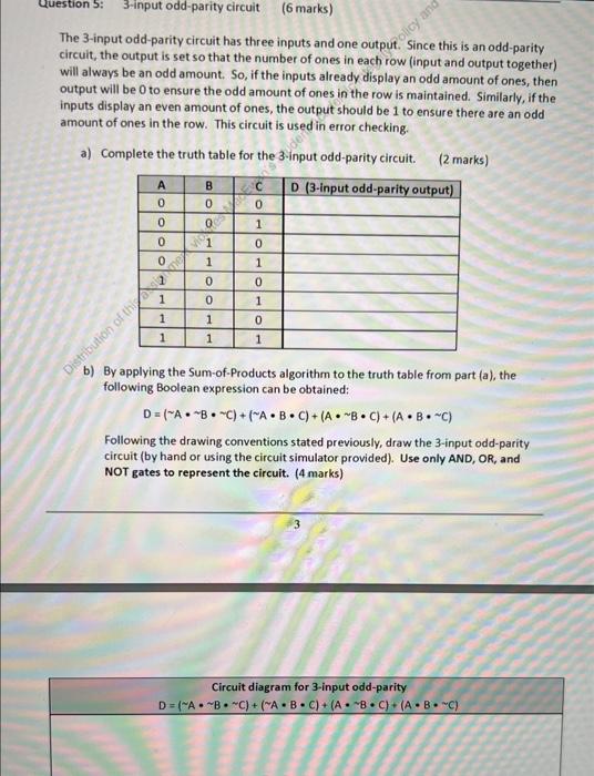Solved The 3-input odd-parity circuit has three inputs and | Chegg.com