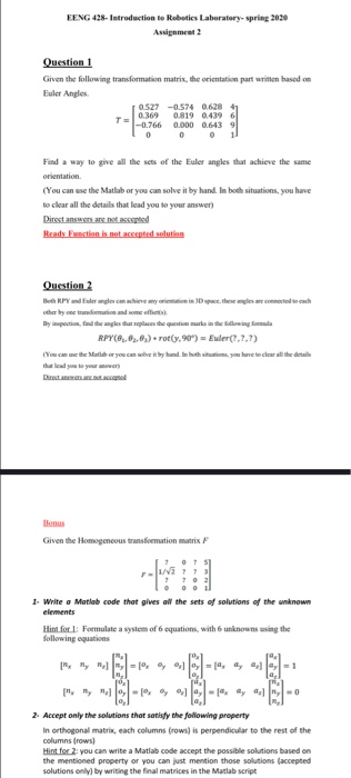 EENG 428- Introduction to Robotics Laboratory spring | Chegg.com