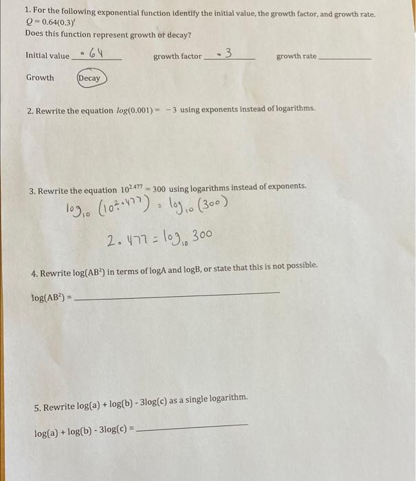 Solved 1. For the following exponential function identify | Chegg.com
