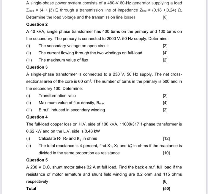 Solved A single-phase power system consists of a 480−V60−Hz | Chegg.com