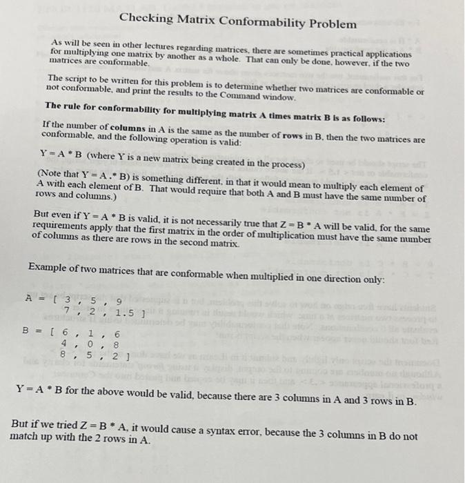 Solved Checking Matrix Conformability Problem As will be | Chegg.com