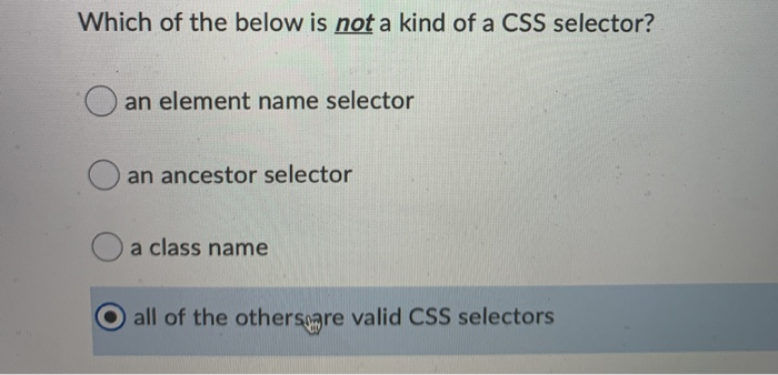 Solved Which of the below is not a kind of a CSS selector? O | Chegg.com