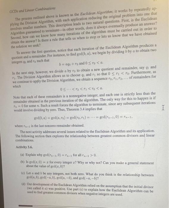 Solved The GCDs and Linear Combinations process outlined | Chegg.com