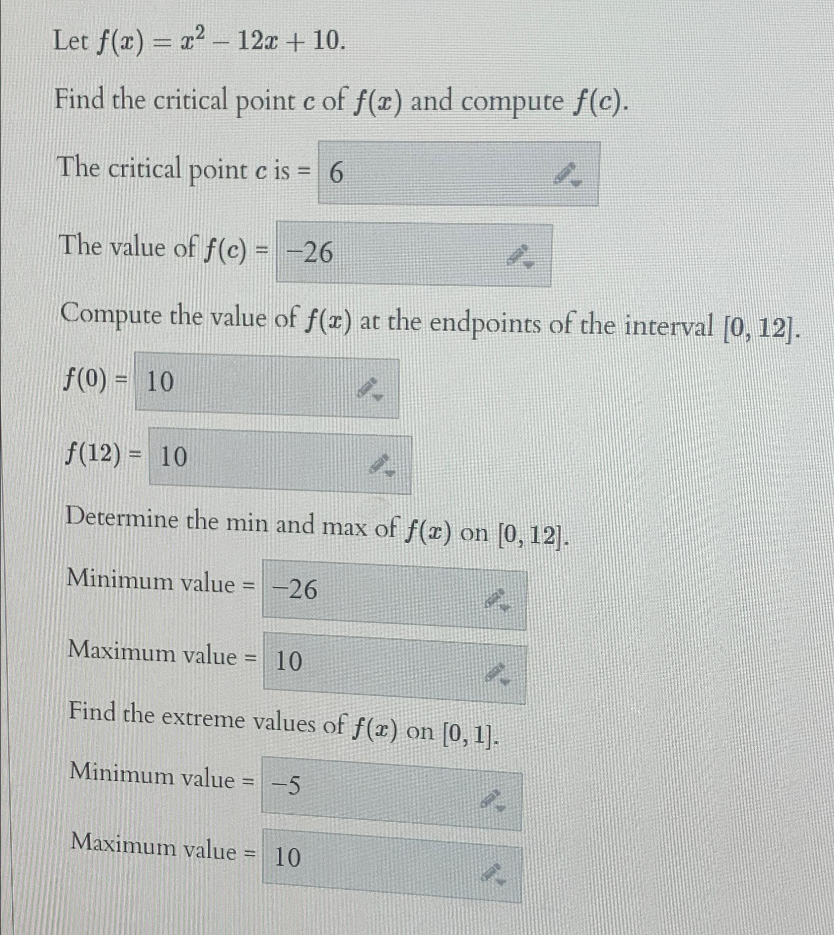Solved Let f(x)=x2-12x+10Find the critical point c ﻿of f(x) | Chegg.com