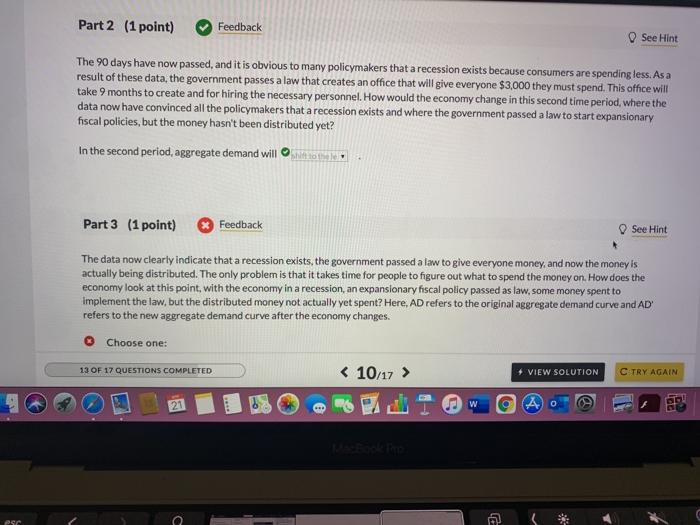 Solved Part 1 (1 point) Feedback O See Hint The economy is | Chegg.com