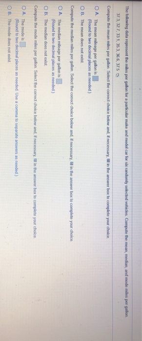 Solved The following data represent the miles per gallon for | Chegg.com