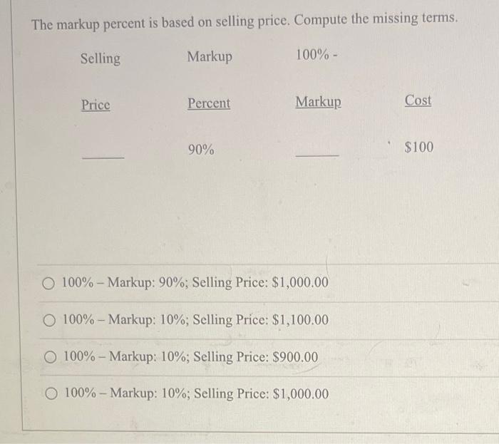Solved The markup percent is based on selling price. Compute | Chegg.com