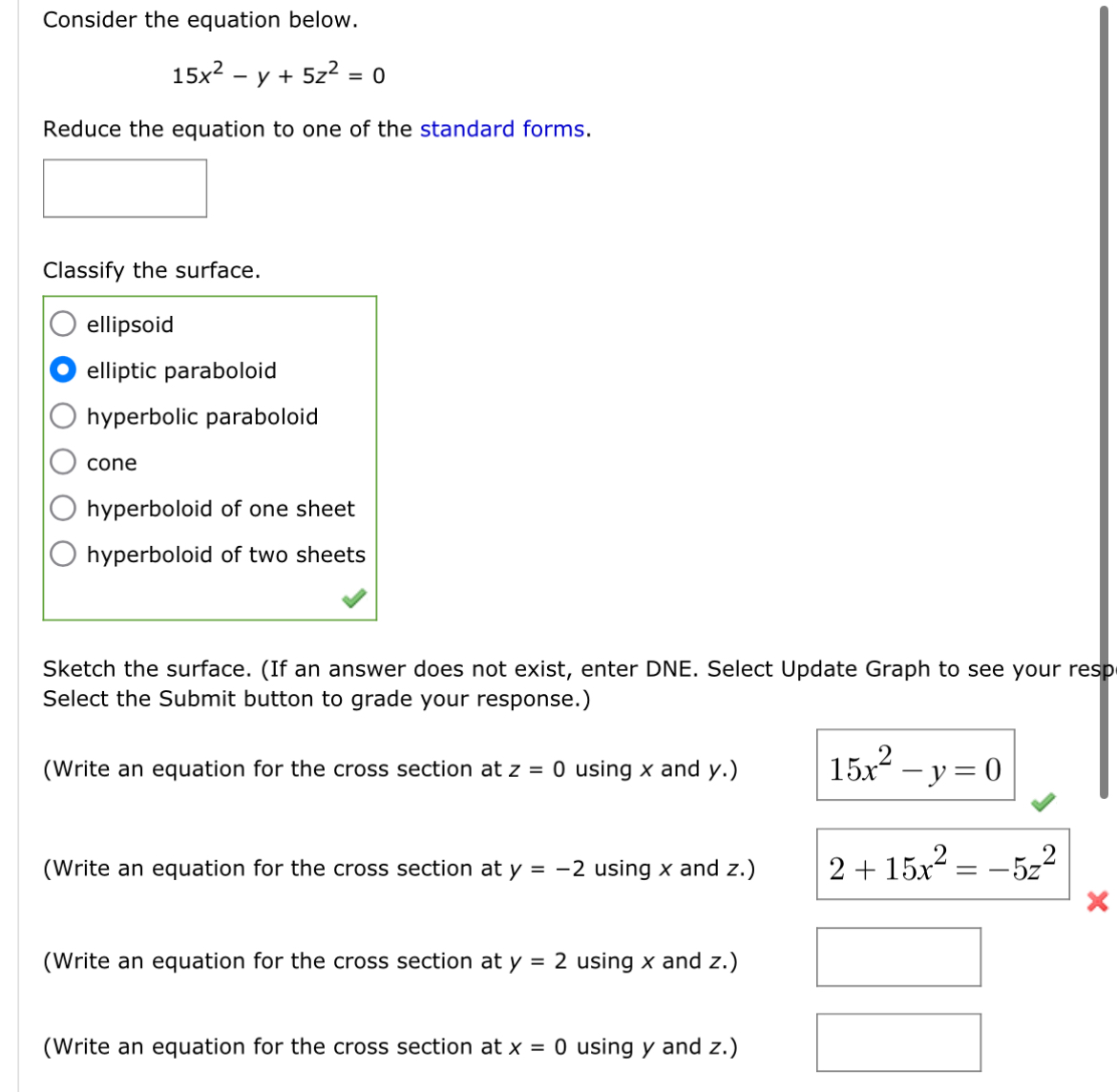 Solved Consider the equation below.15x2-y+5z2=0Reduce the | Chegg.com