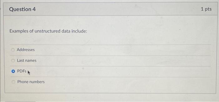 Solved Examples of unstructured data include: Addresses Last | Chegg.com