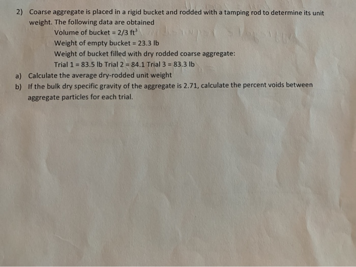 Solved 2) Coarse aggregate is placed in a rigid bucket and | Chegg.com