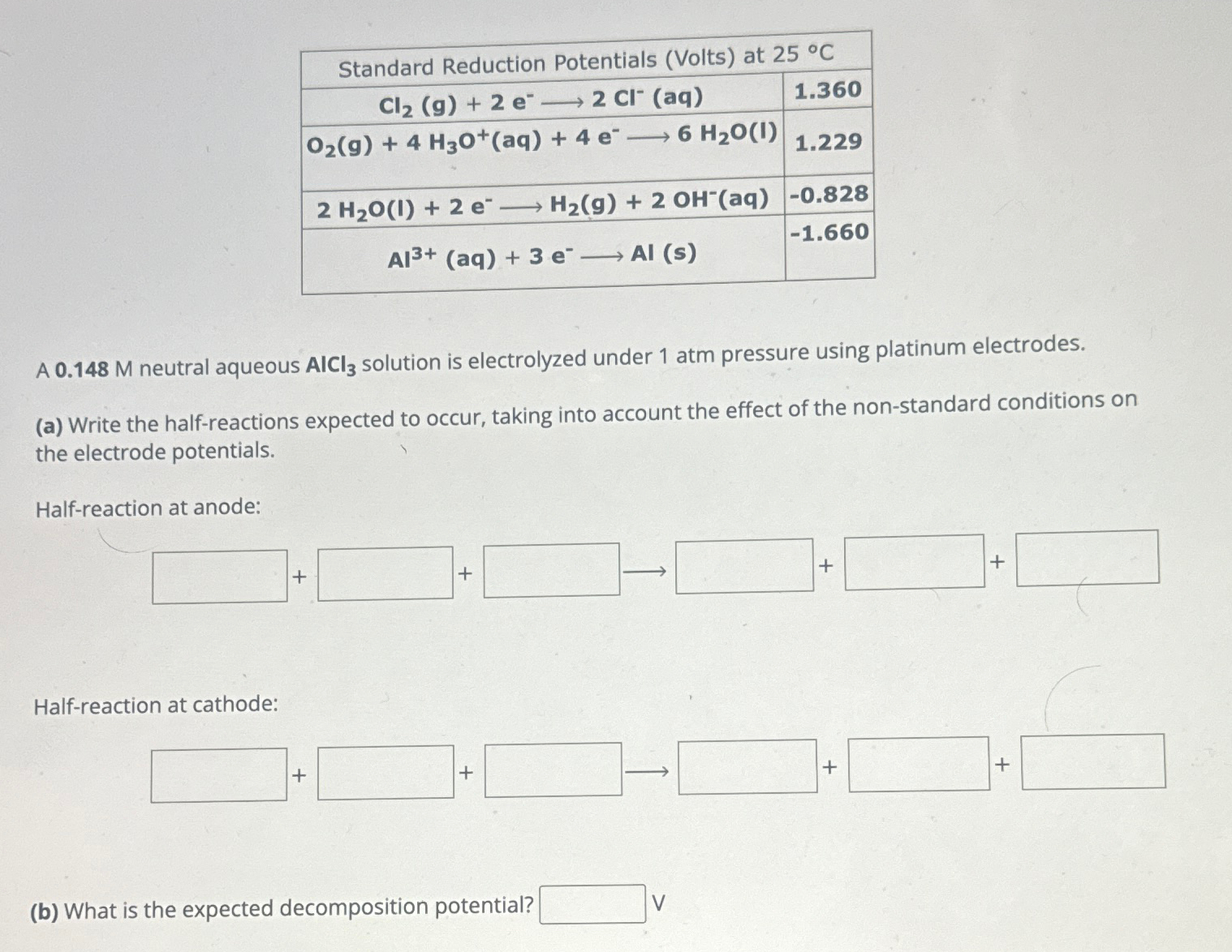 Solved \table[[Standard Reduction Potentials (Volts) ﻿at | Chegg.com