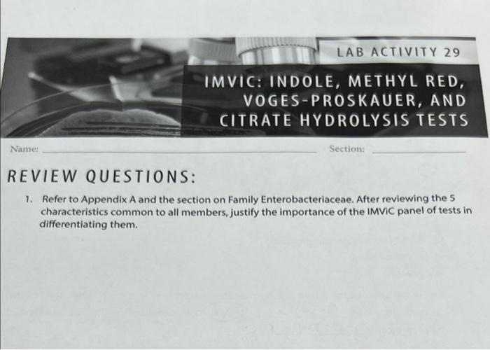 Solved LAB ACTIVITY 29 IMVIC: INDOLE, METHYL RED, | Chegg.com