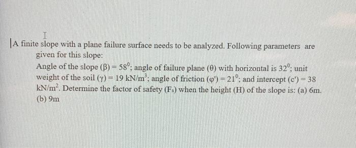 Solved I |A finite slope with a plane failure surface needs | Chegg.com