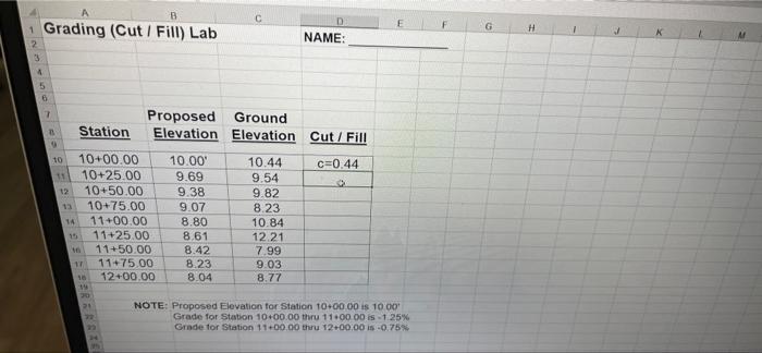 Solved B E 1 Grading (Cut / Fill) Lab D NAME: G н 2 3 4 5 6 | Chegg.com