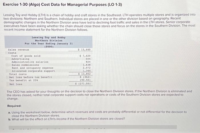 Solved Exercise 1-30 (Algo) Cost Data for Managerial | Chegg.com