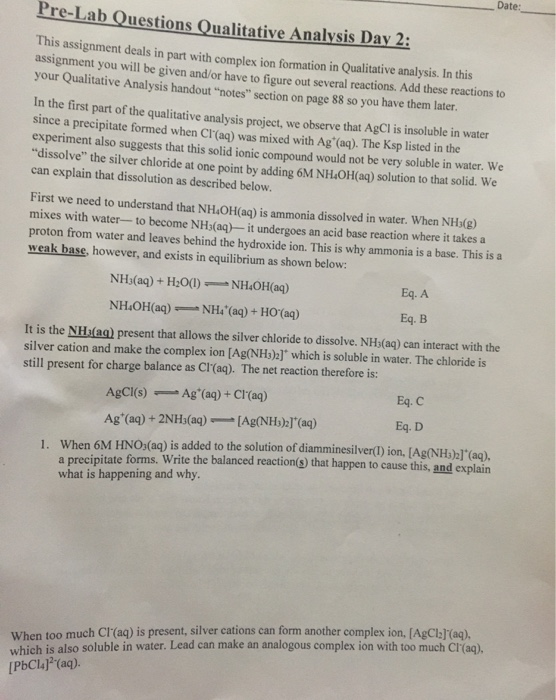 Solved Pre-Lab Questions Qualitative Analysis Day 2: Date: | Chegg.com