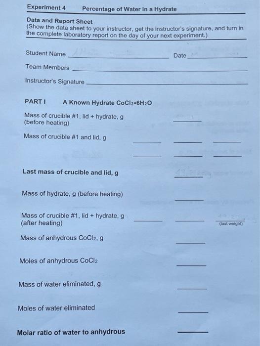 Experiment 4 Percentage of Water in a Hydrate Data | Chegg.com