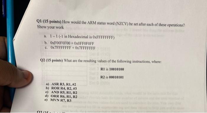Solved Q1 (15 points) How would the ARM status word (NZCV) | Chegg.com