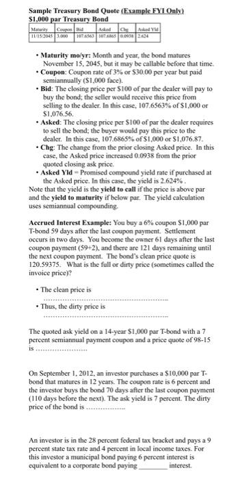 Sample Treasury Bond Quote (Example FYI Only) $1,000 | Chegg.com