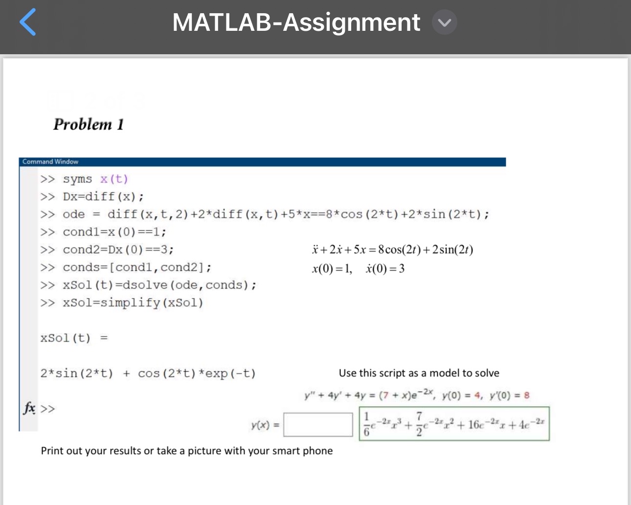 Solved MATLAB-AssignmentProblem 1Print out your results or | Chegg.com