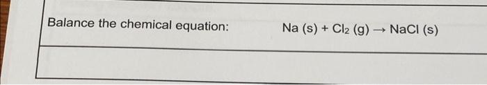 Solved Balance the chemical equation: Na(s)+Cl2( g)→NaCl(s) | Chegg.com