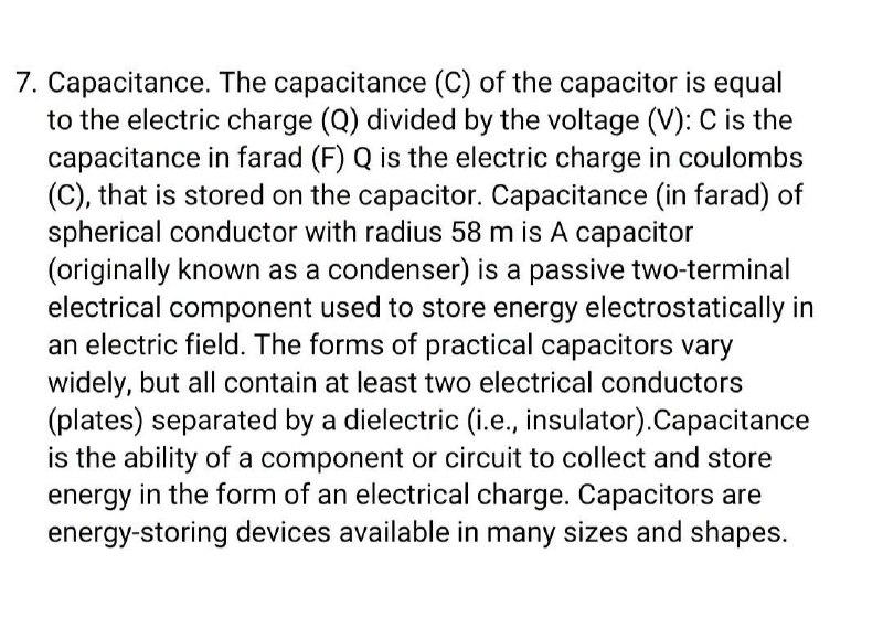 Solved 7. Capacitance. The capacitance (C) of the capacitor | Chegg.com