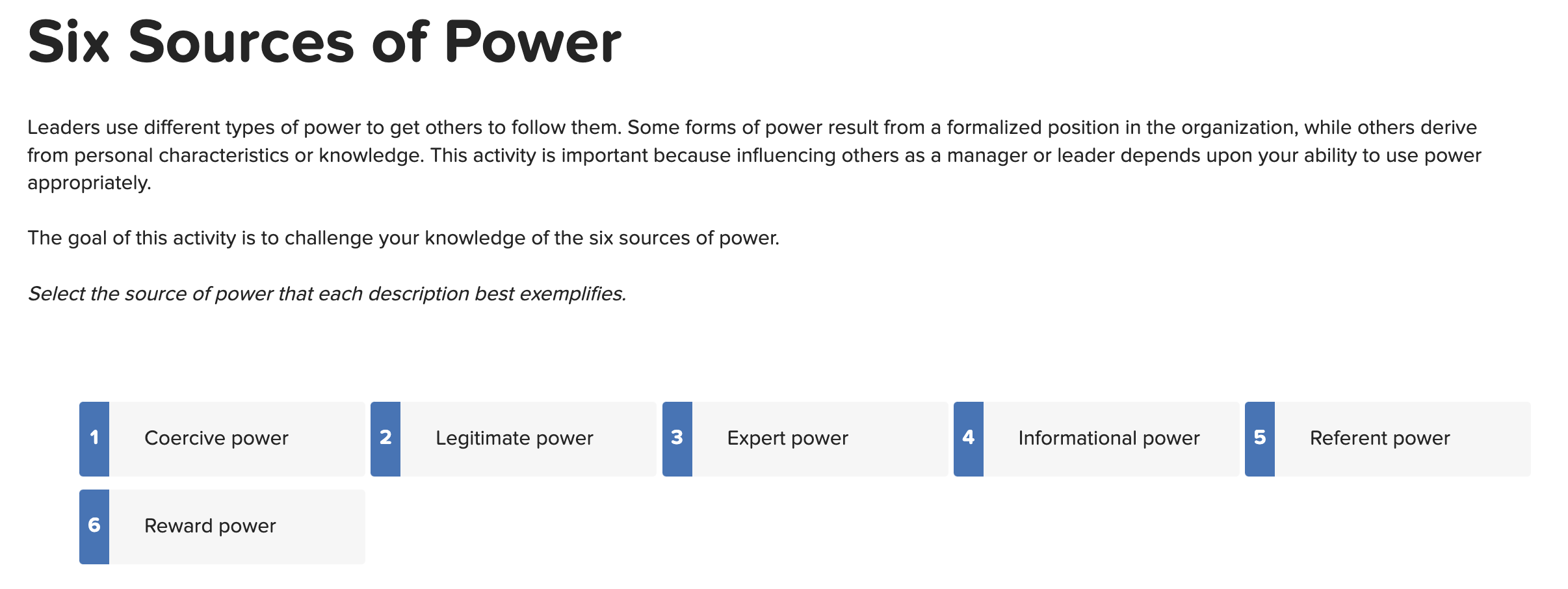 Solved Six Sources of PowerLeaders use different types of | Chegg.com