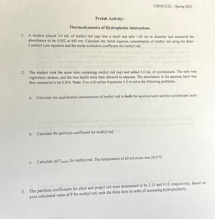 Solved Prelab Activity: Thermodynamics of Hydrophobic | Chegg.com