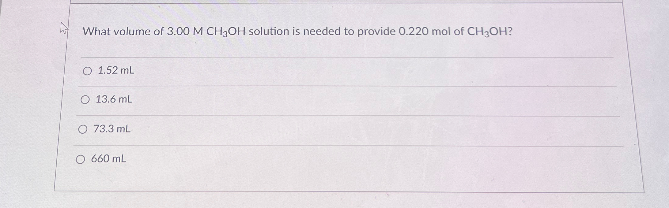 Solved What volume of 3.00MCH3OH ﻿solution is needed to | Chegg.com